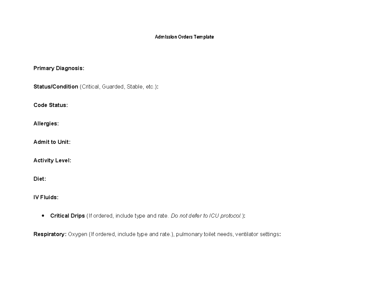 Admission Orders Template for Patient Assessment and Care - Studocu