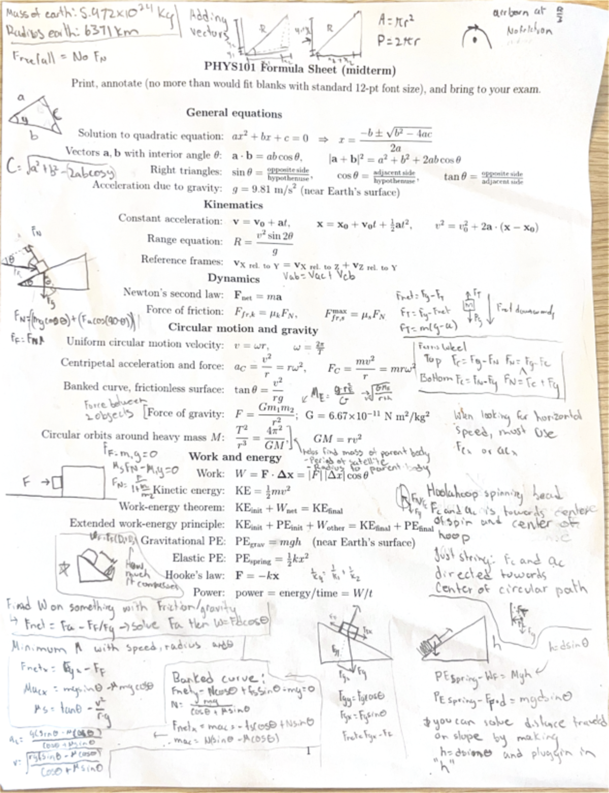 PHYS101 Formula Sheet (midterm) - Masso of earth: 5 ky Adding airborn at Radios earth: 6371km ...
