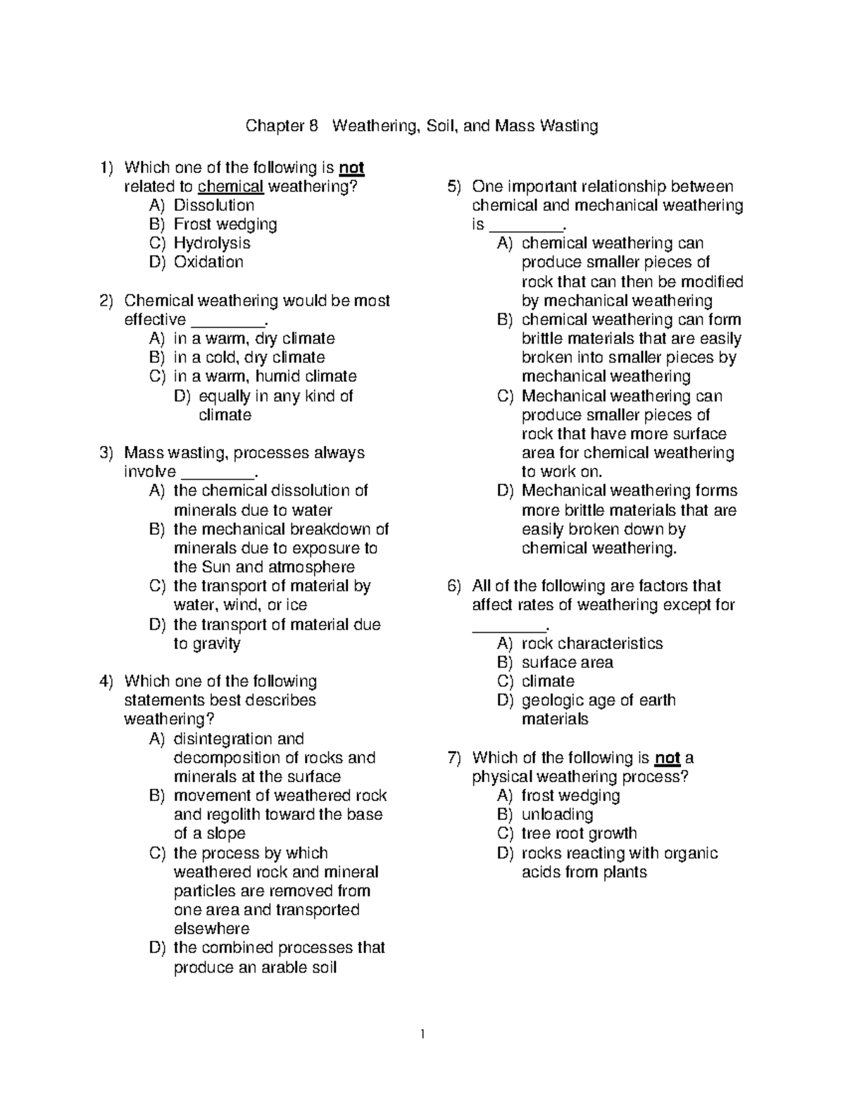 Chapter 8 Practice Questions: Weathering, Soil, & Mass Wasting - Studocu