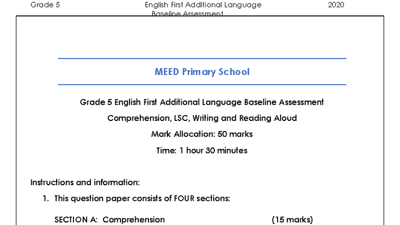 Grade 5 English FAL Baseline Assessment - Comprehension & Writing - Studocu