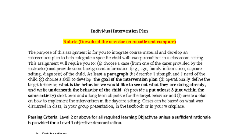 Individual Intervention Plan Rubric (Course Code: XXXX) - Studocu