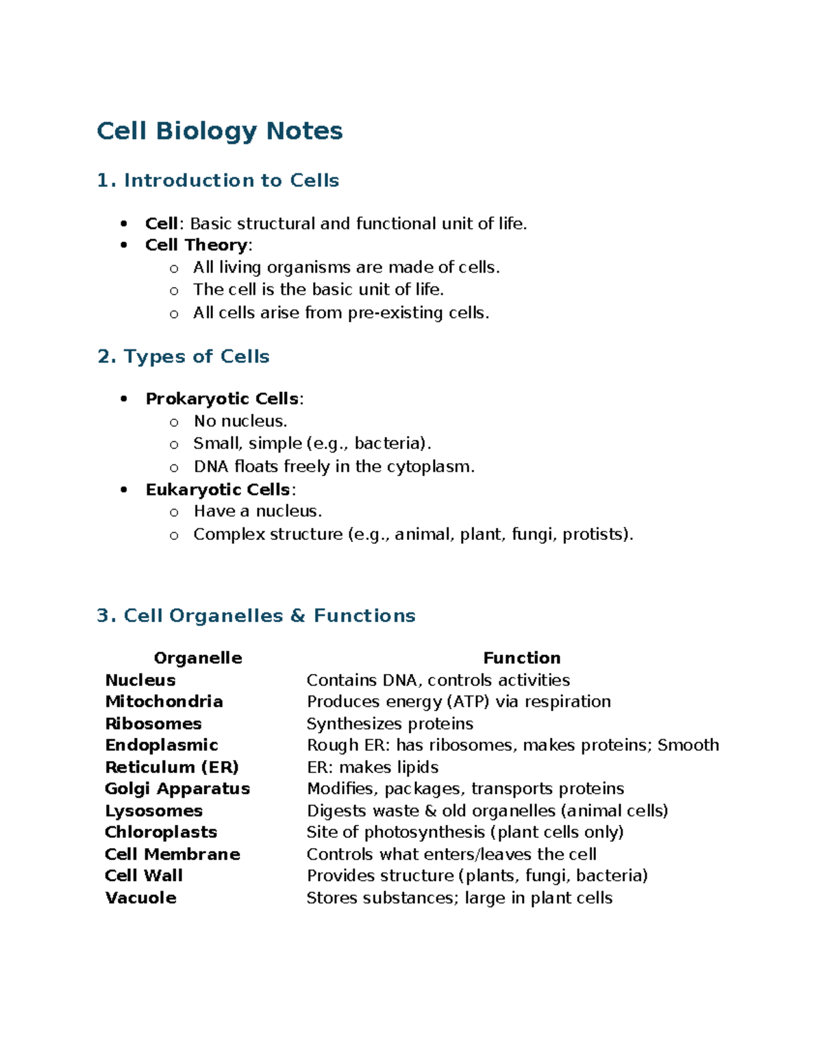 Cell Biology Notes: Introduction to Cells and Organelles (BIO101) - Studocu