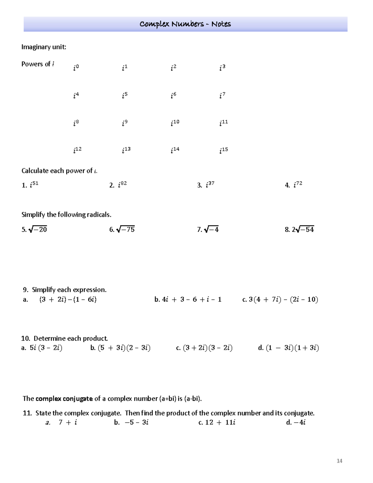 Complex Numbers Notes: Powers of i and Conjugates - Studocu