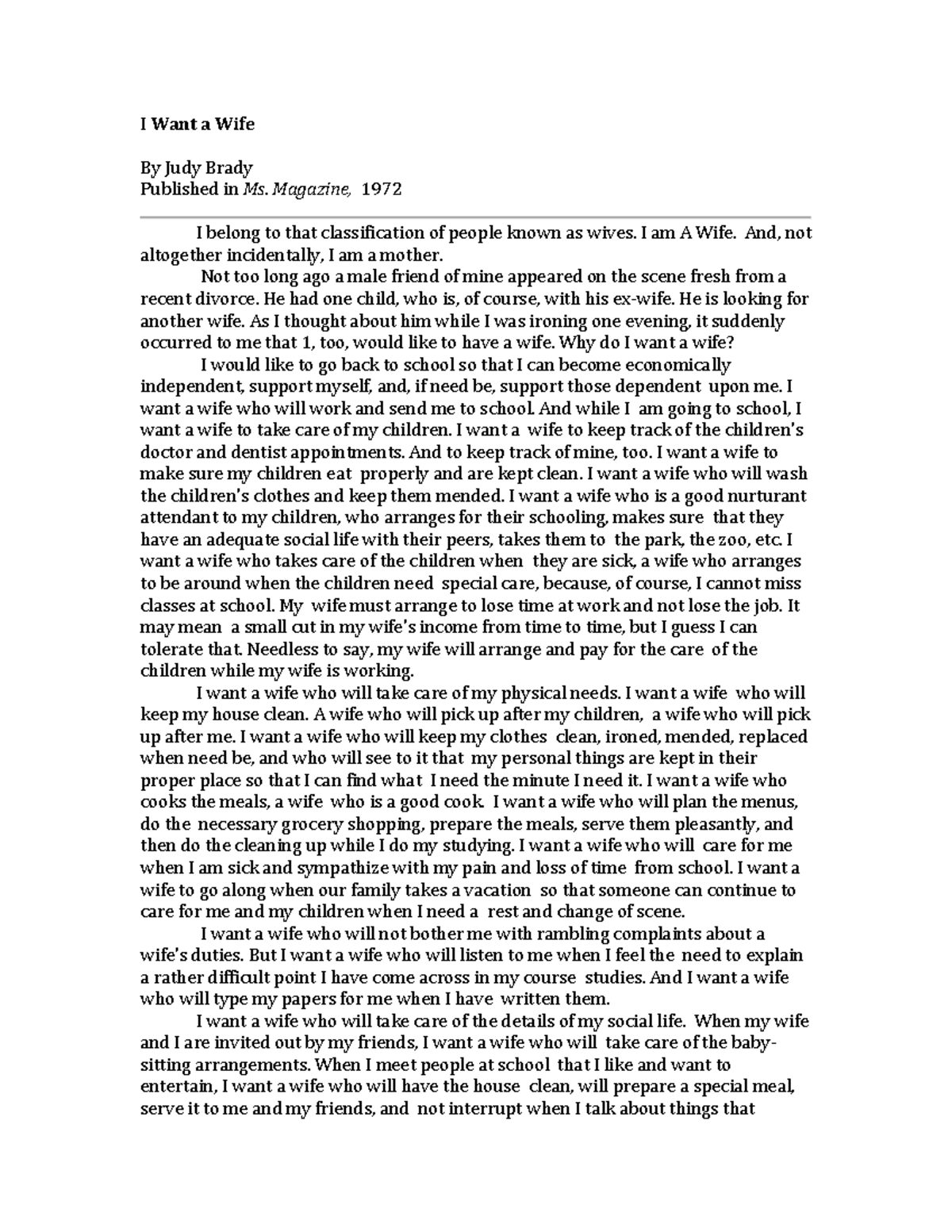 I Want a Wife - Essay by Judy Brady - Studocu