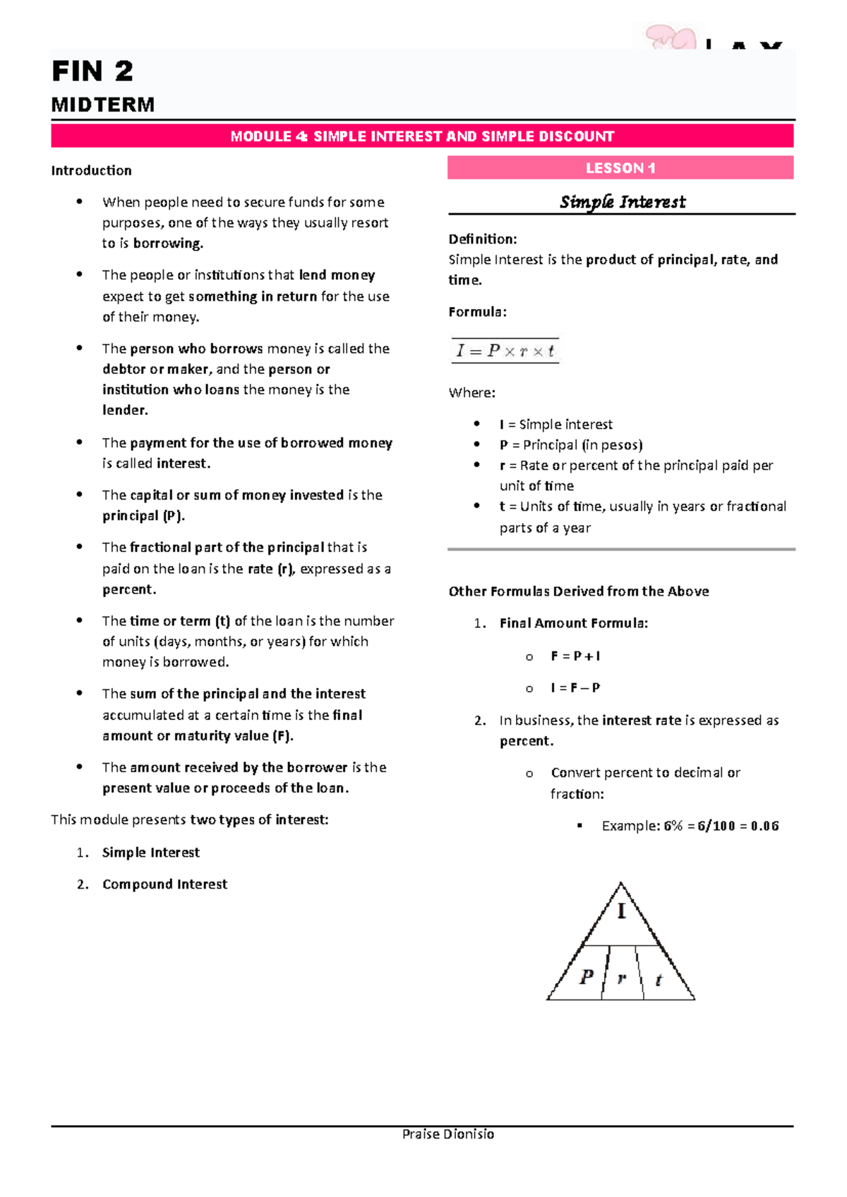 A.Y. FIN 2 20242025 MIDTERM REVIEWER: SIMPLE INTEREST & DISCOUNT - Studocu