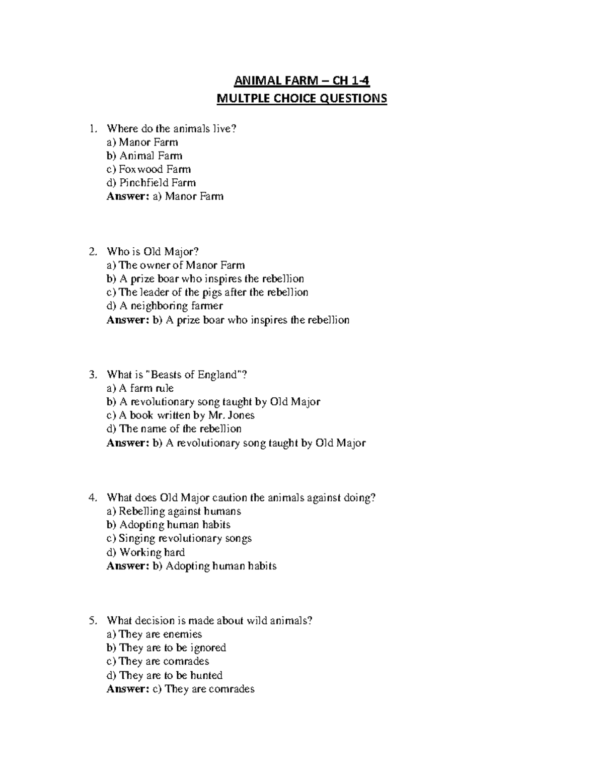 Lit Year 8 - Animal Farm Chapters 1-4 Revision Notes and Quiz - Studocu