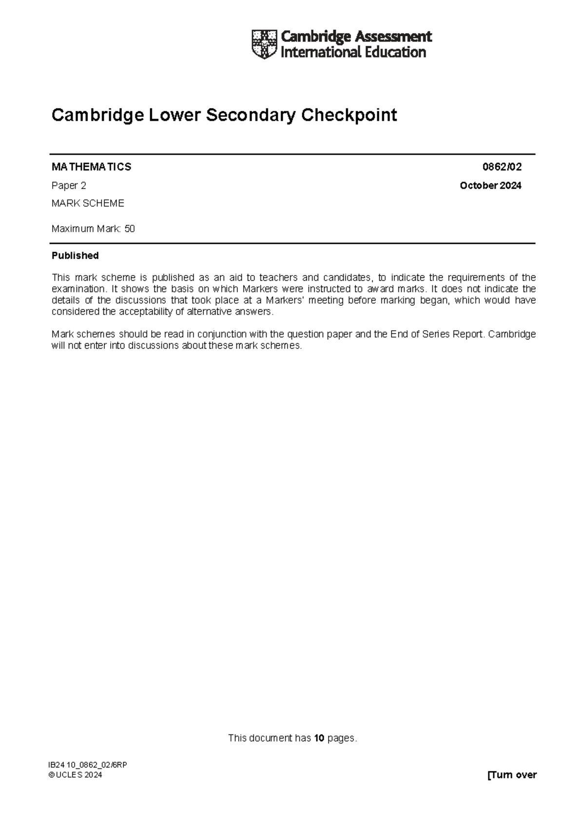 Cambridge Lower Secondary Checkpoint Mathematics Paper 2 Mark Scheme ...