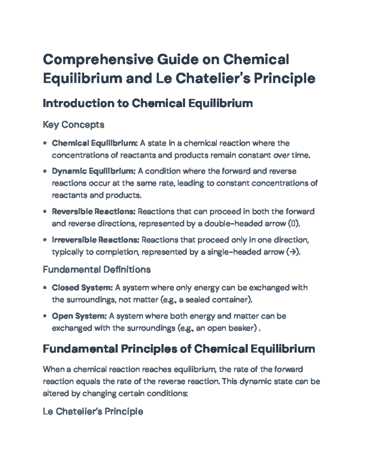 Chemical Equilibrium and Le Chatelier’s Principle Overview ...