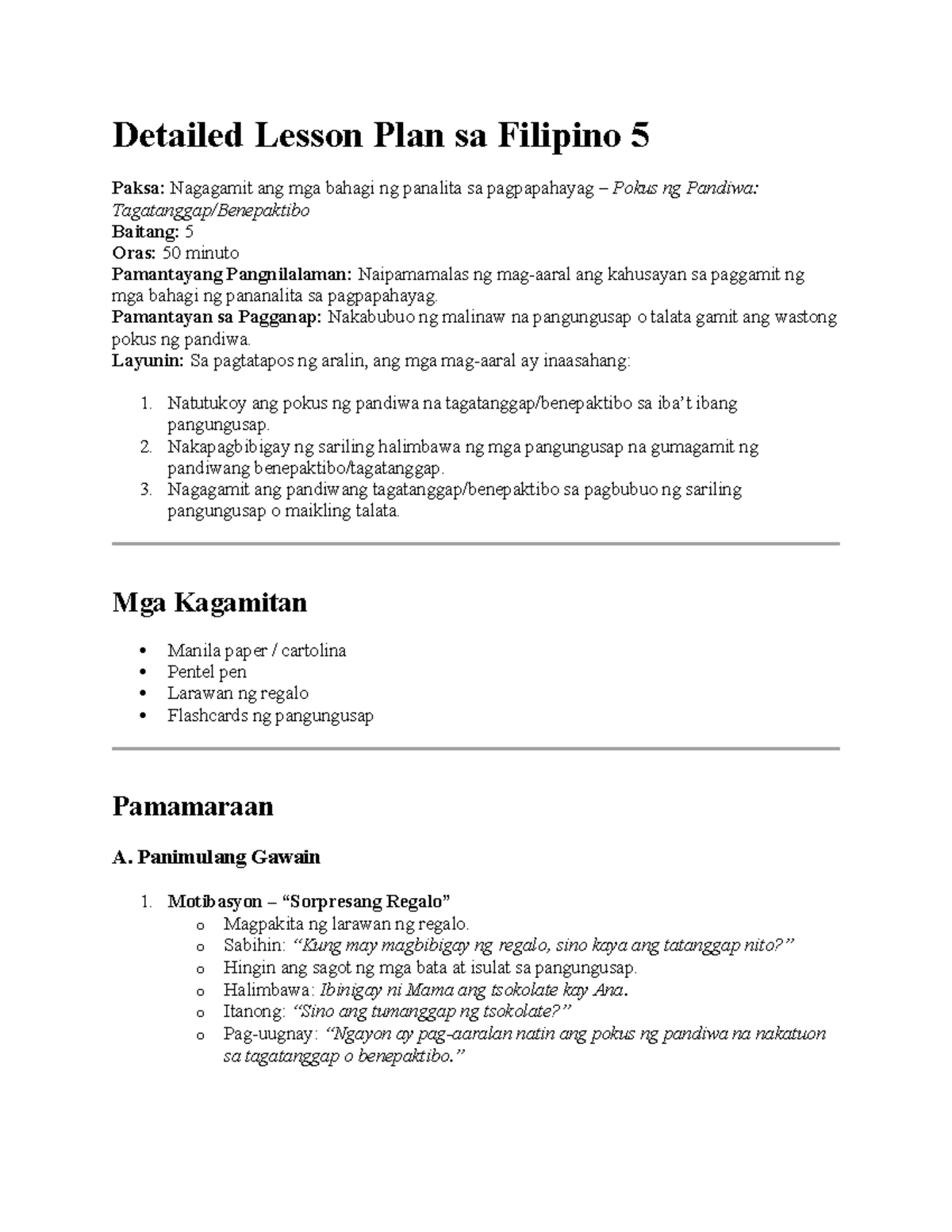 Detailed Lesson Plan sa Filipino 5: Pokus ng Pandiwa at mga Bahagi ng ...