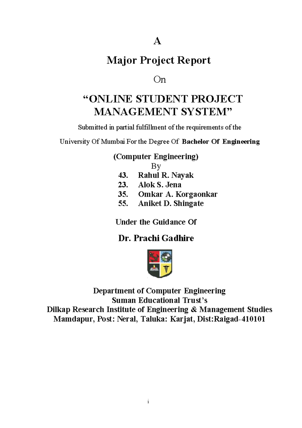 Final Year Major Project Report on Online Student Project Management ...