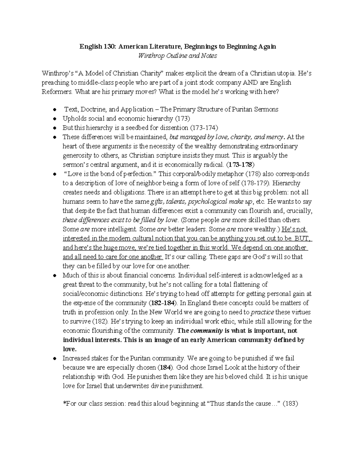 English 130: Winthrop's "A Model of Christian Charity" Outline and ...