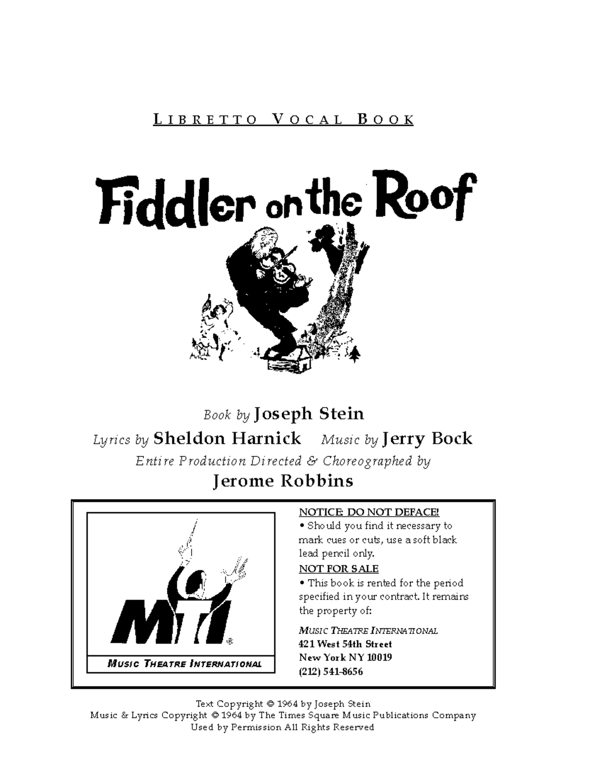 FIDDLER ON THE ROOF Script - Joseph Stein, Sheldon Harnick, Jerry Bock ...