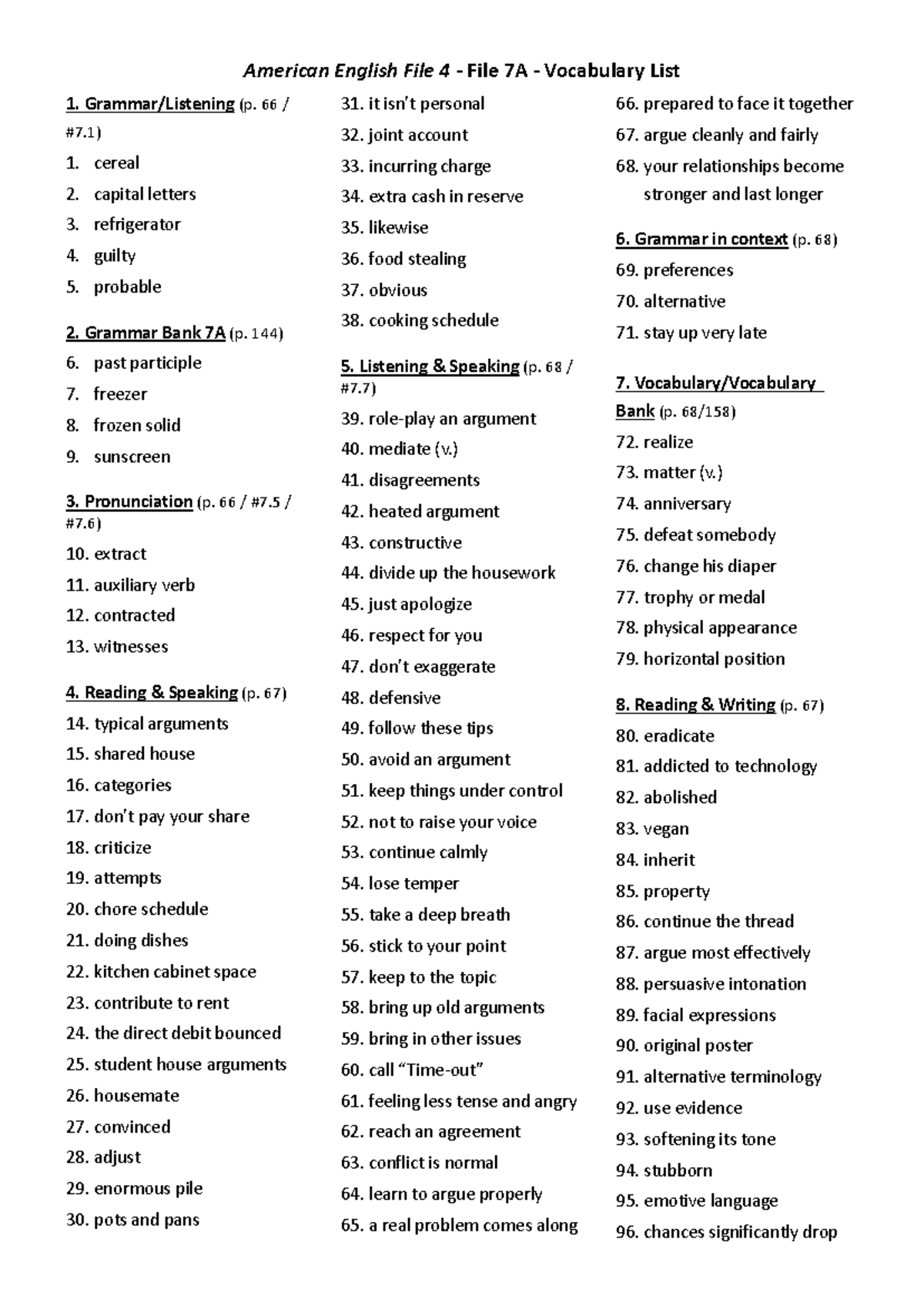 American English File 4: File 7A Vocabulary List and Grammar Guide ...