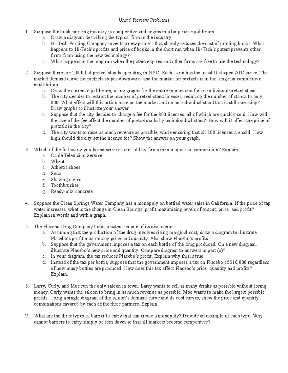 Unit 9 Review Problems - Strategies in Competitive and Monopoly Markets ...