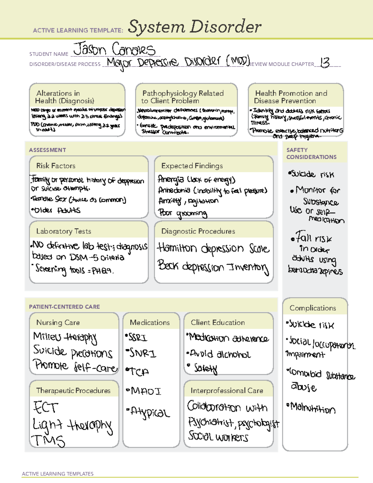 ACTIVE LEARNING TEMPLATE: Major Depressive Disorder (MDD) Review - Studocu