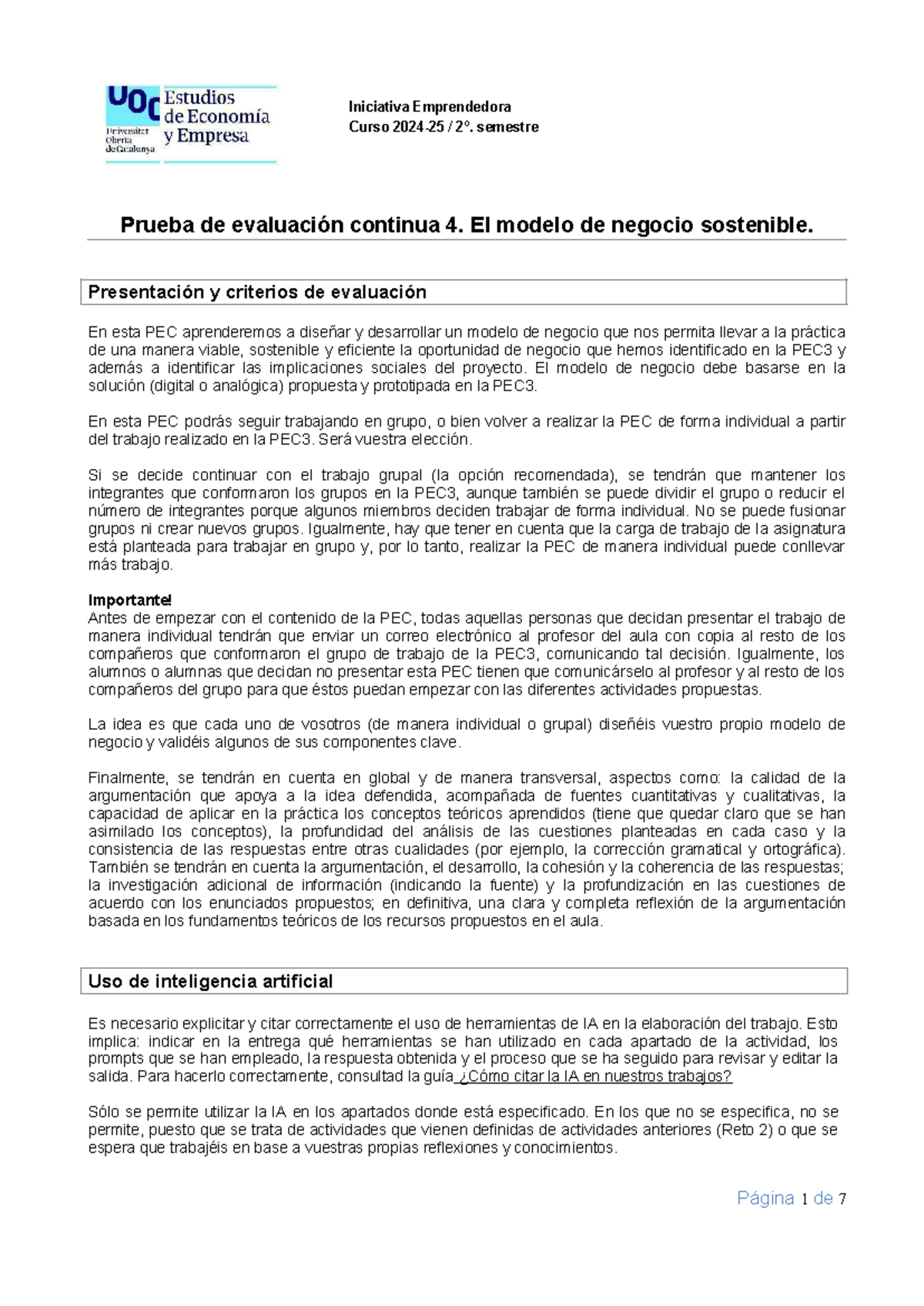 Iniciativa Emprendedora 20242: PEC 4 - Modelo de Negocio Sostenible ...