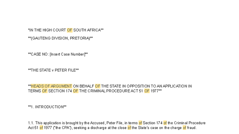 Heads of Argument: State v Peter File - Opposing Section 174 ...