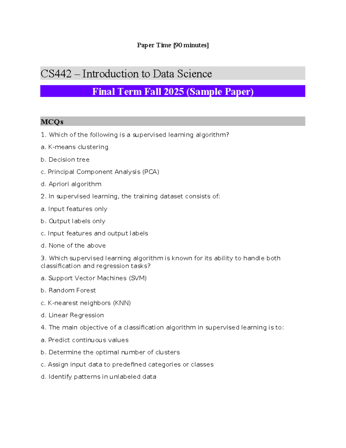 CS442 Introduction to Data Science Final Exam Sample MCQs & Questions ...
