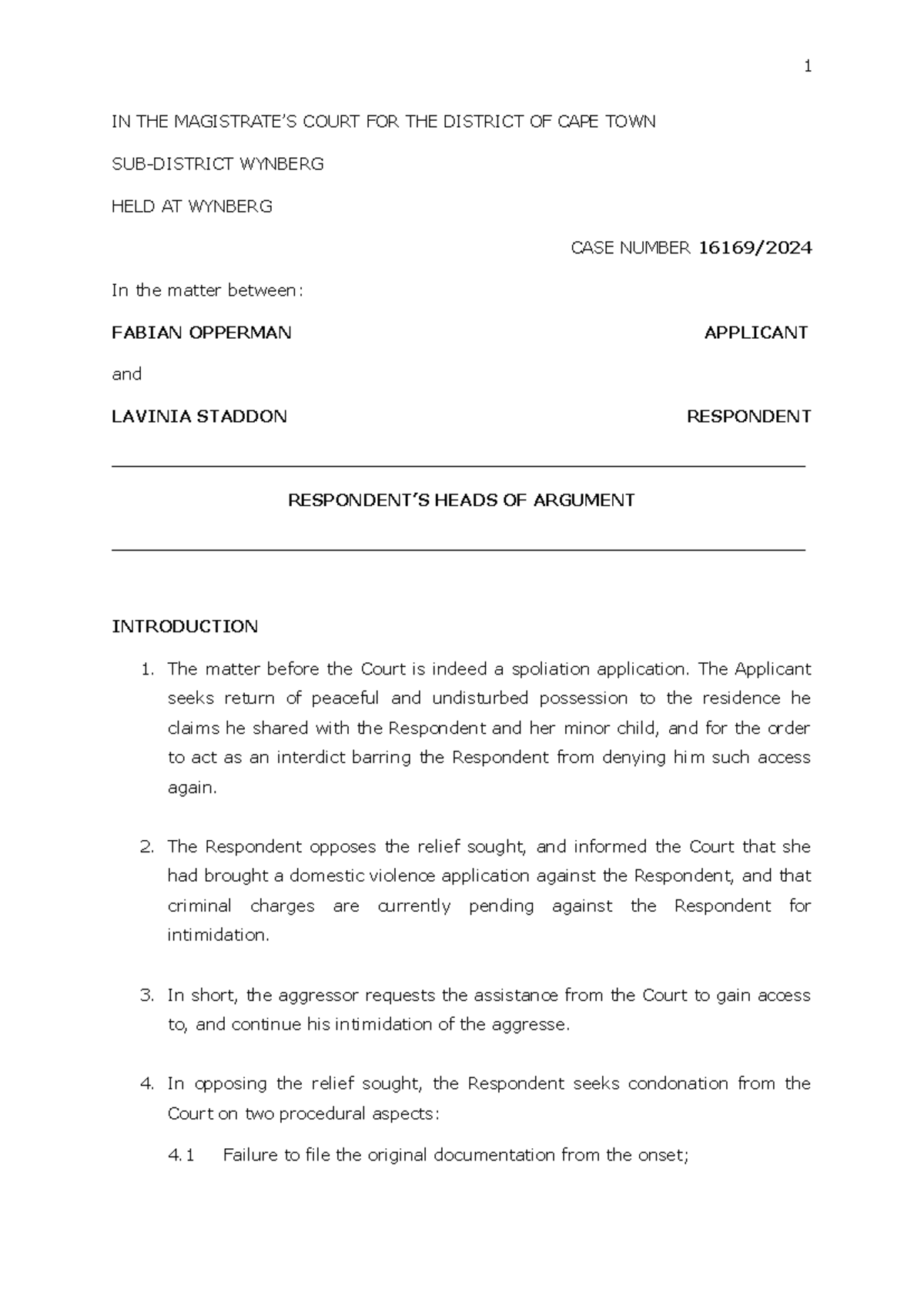 Respondent's Heads of Argument - Case No. 16169/24 - Magistrate's Court ...