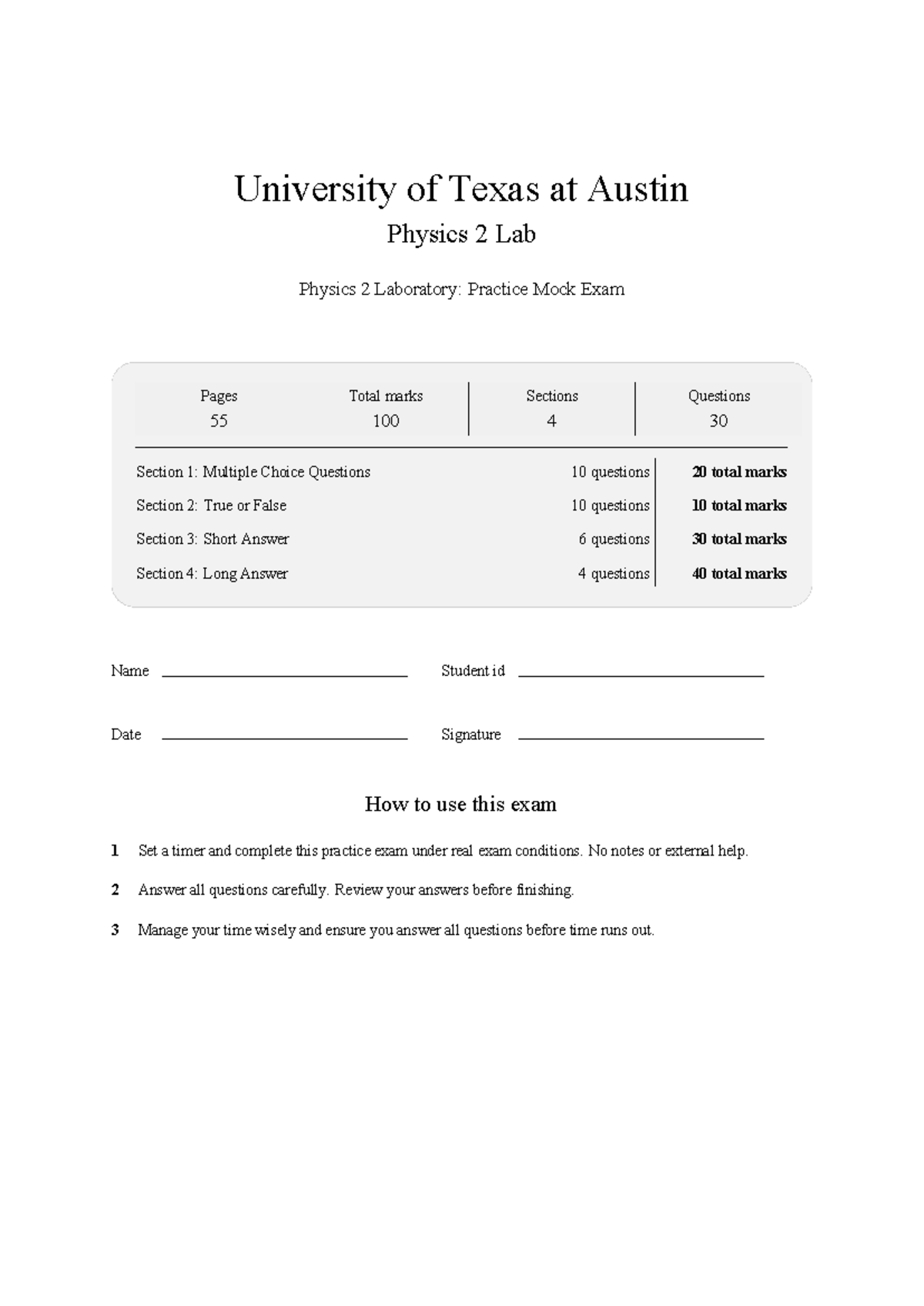 PHY 105N Physics 2 Lab: Practice Mock Exam 2026 Notes - Studocu