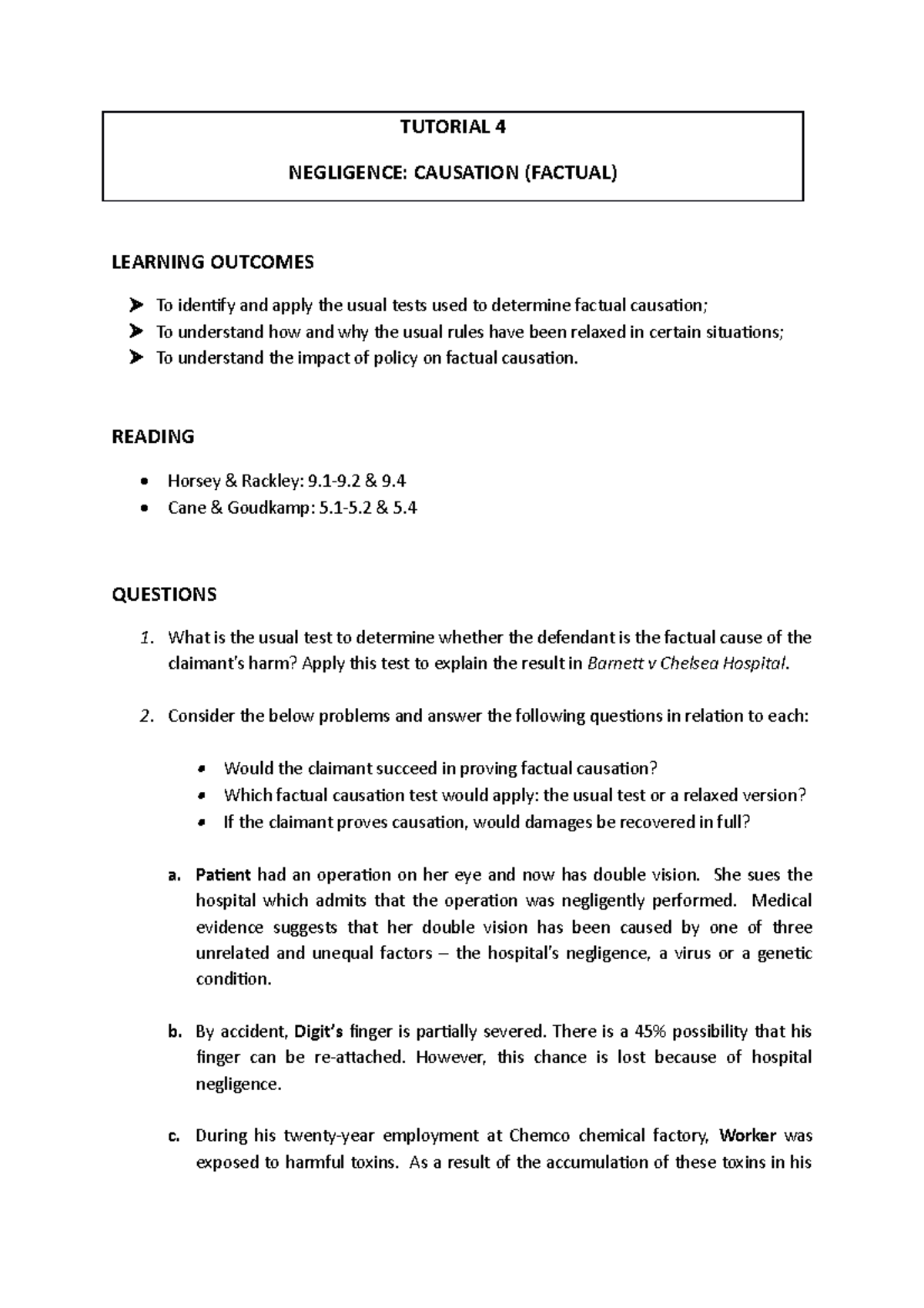 T4 TL - Tutorial 4: Negligence Causation Concepts & Questions - Studocu