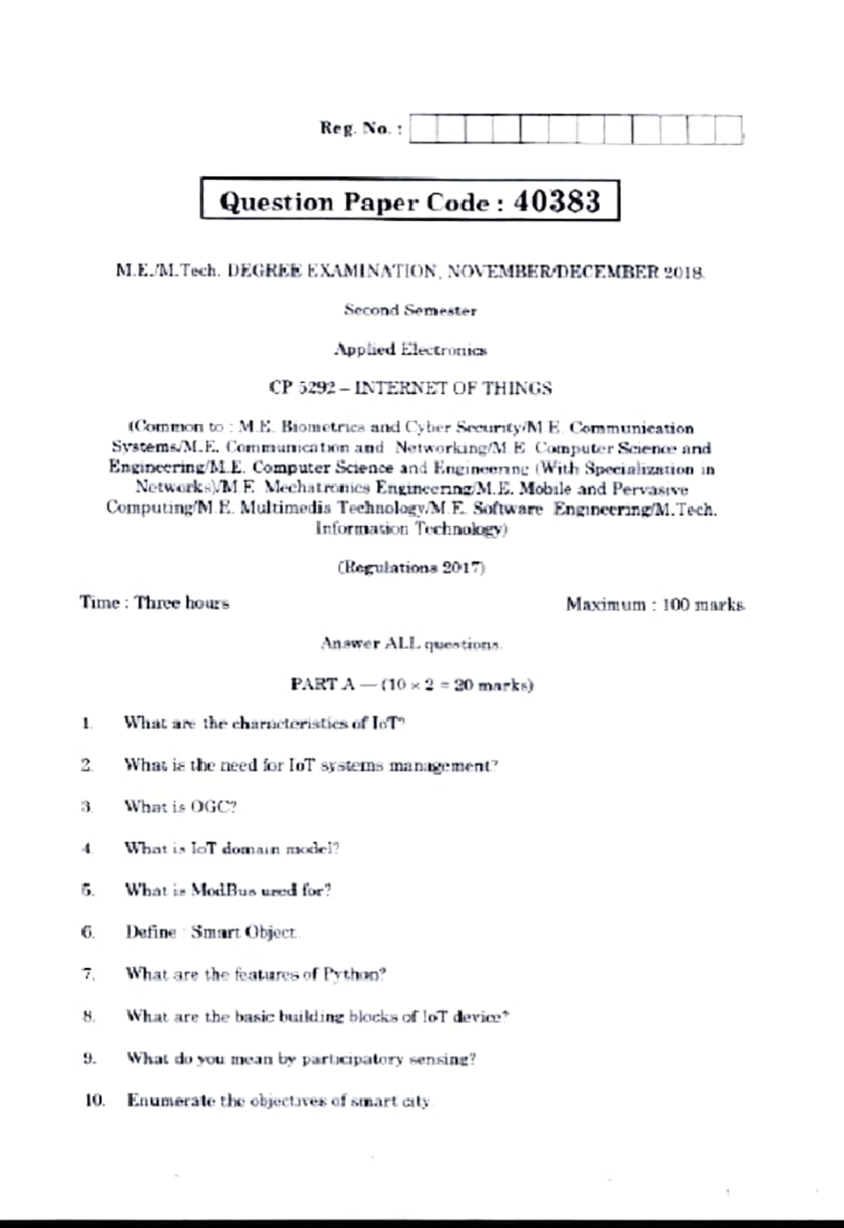 IoT Question Paper 40383 - M.E. Degree Exam Nov-Dec 2018 - Studocu