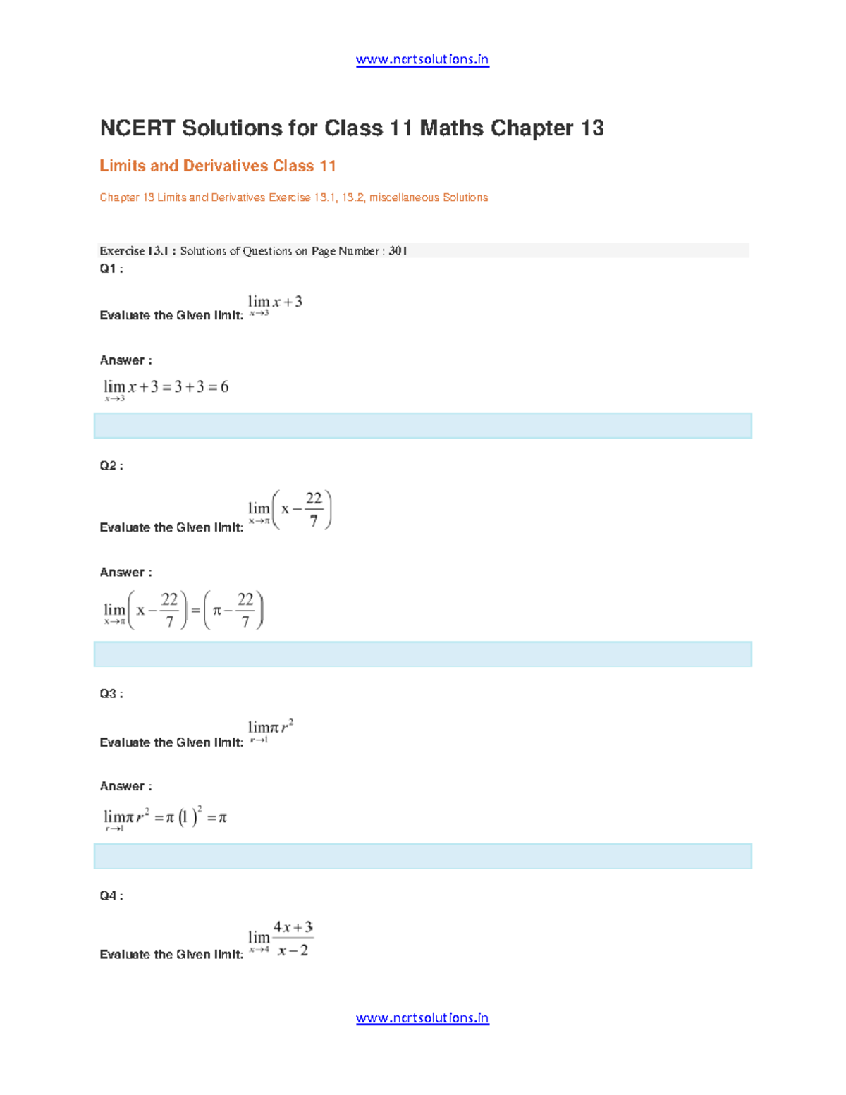 NCERT Solutions for Class 11 Maths: Ch 13 Limits & Derivatives - Studocu