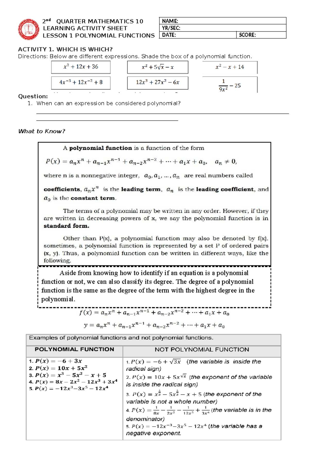 2nd Quarter Math 10 Learning Activity Sheet: Polynomial Functions - Studocu