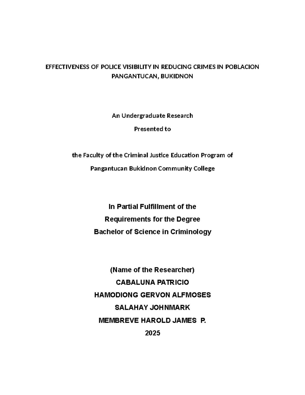 Effectiveness of Police Visibility in Crime Reduction: A Study (BS Crim ...