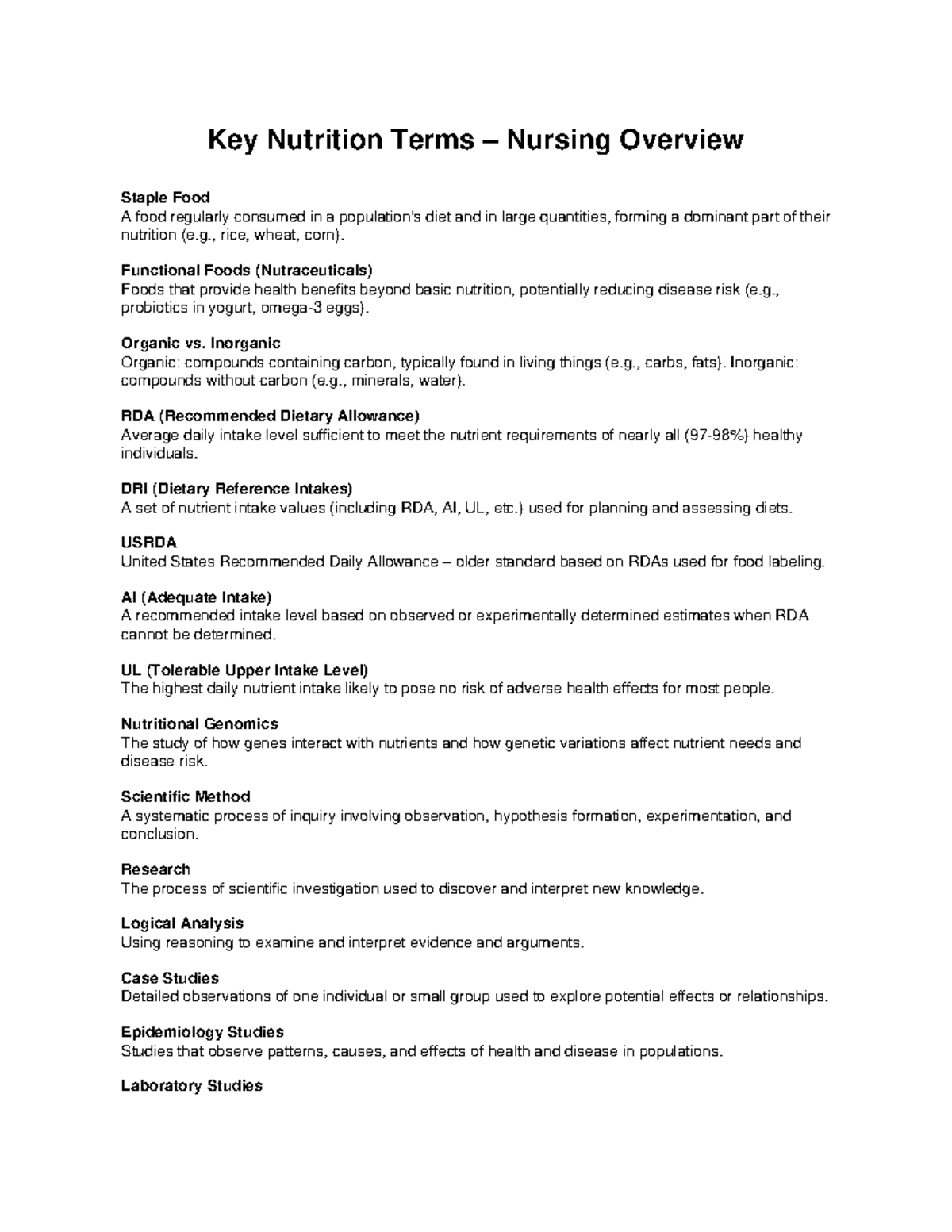 Key Nutrition Terms Overview for Nursing Students (NUR 101) - Studocu