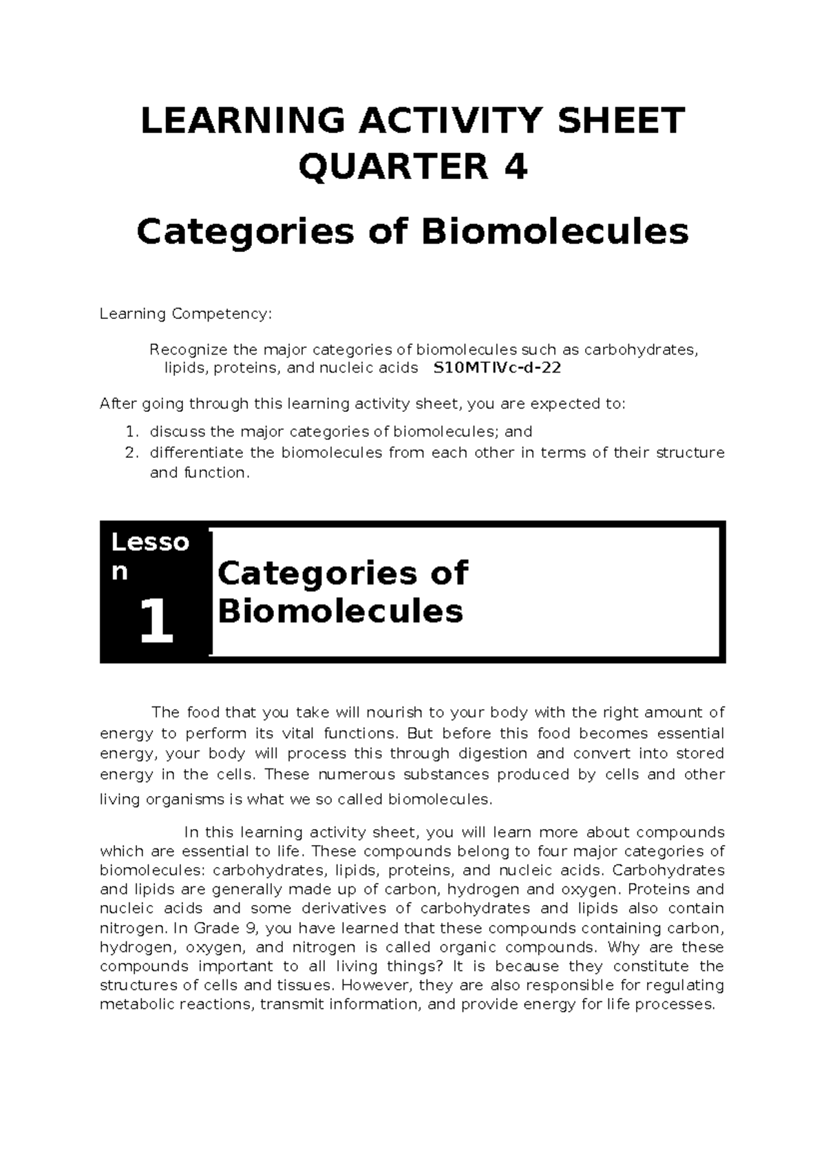 Science-10 Q4: Learning Activity on Biomolecules and Their Functions ...