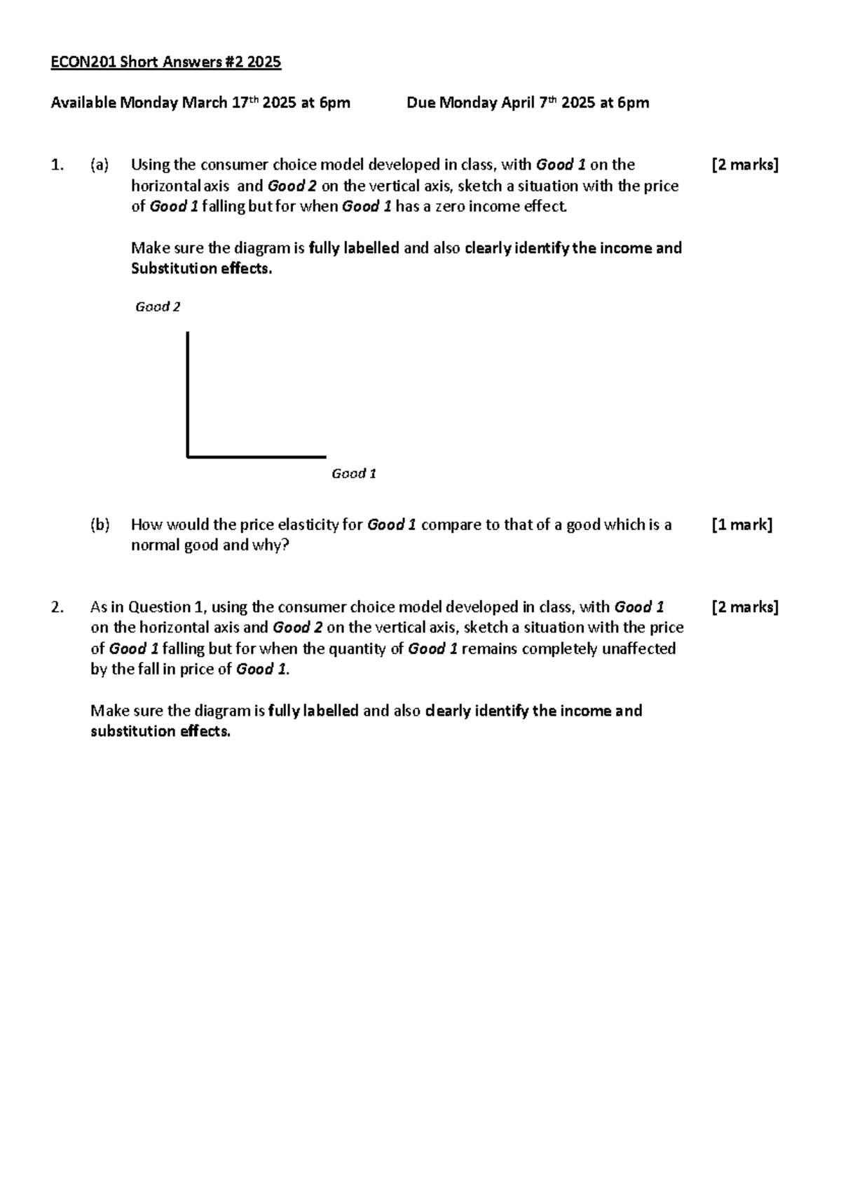 ECON201 Short Answer Assignment #2 - Consumer Choice Model Analysis ...