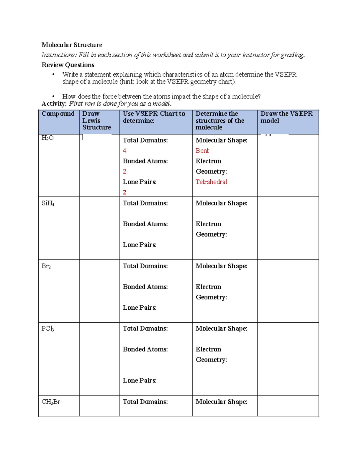 Molecular Structure Worksheet: VSEPR Shapes & Characteristics - Studocu