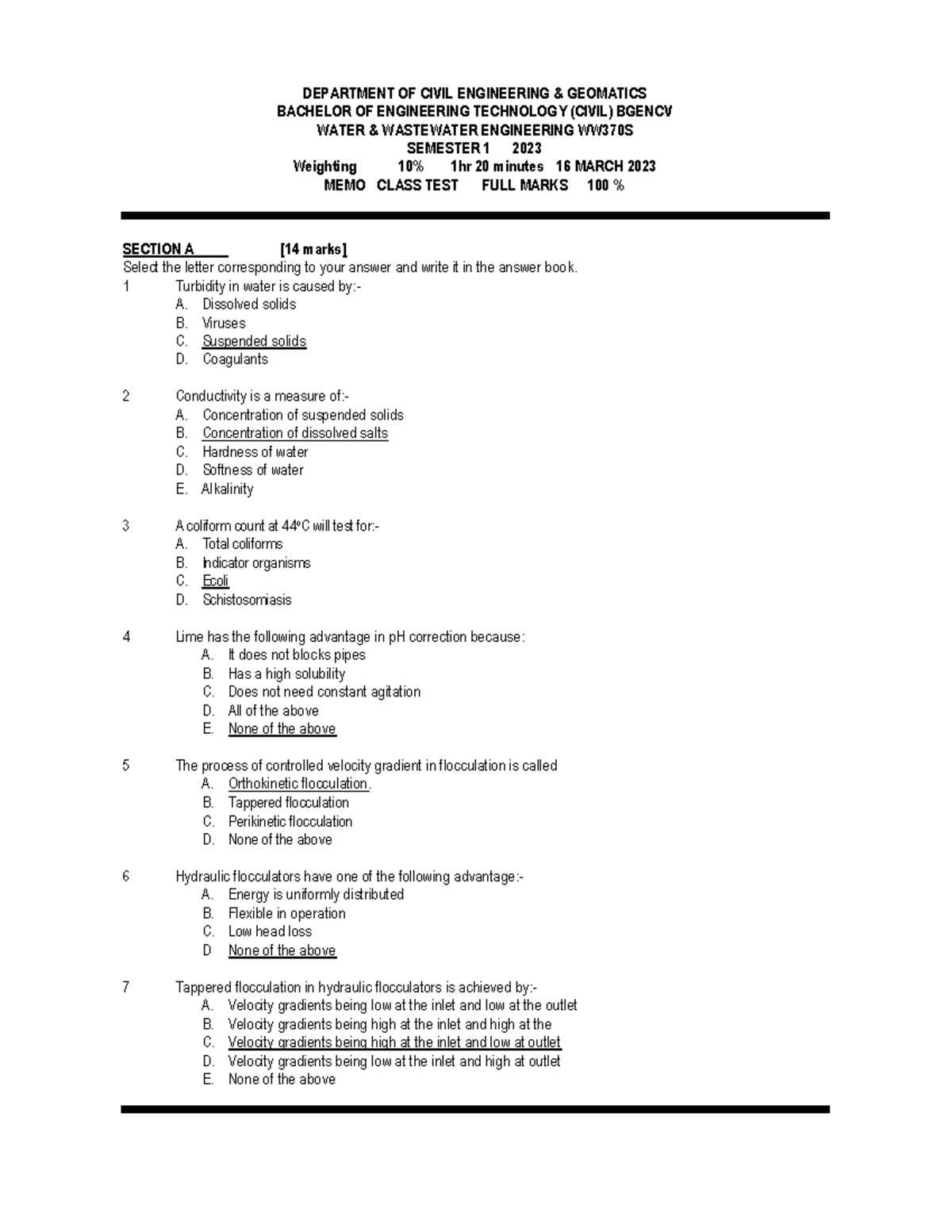 Memo Class Test WWW370S 10 March 2023 - DEPARTMENT OF CIVIL ENGINEERING ...