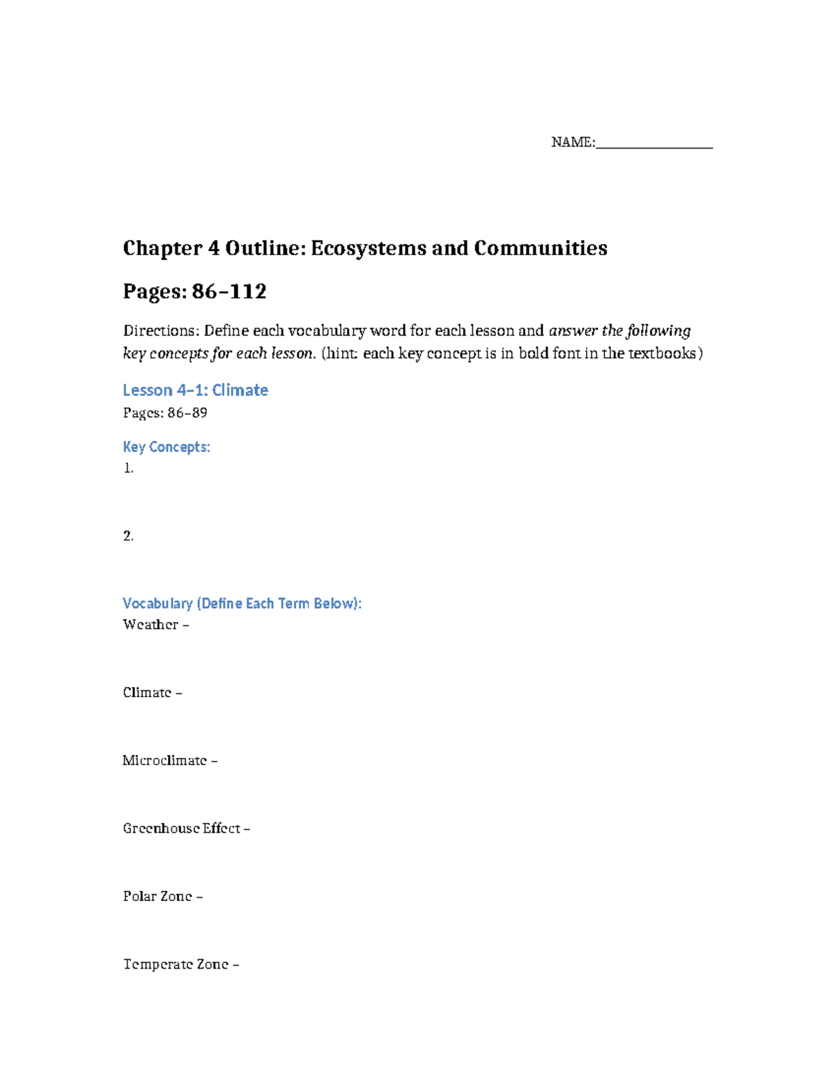 Biology CH4 Outline: Ecosystems & Communities Vocabulary and Key ...