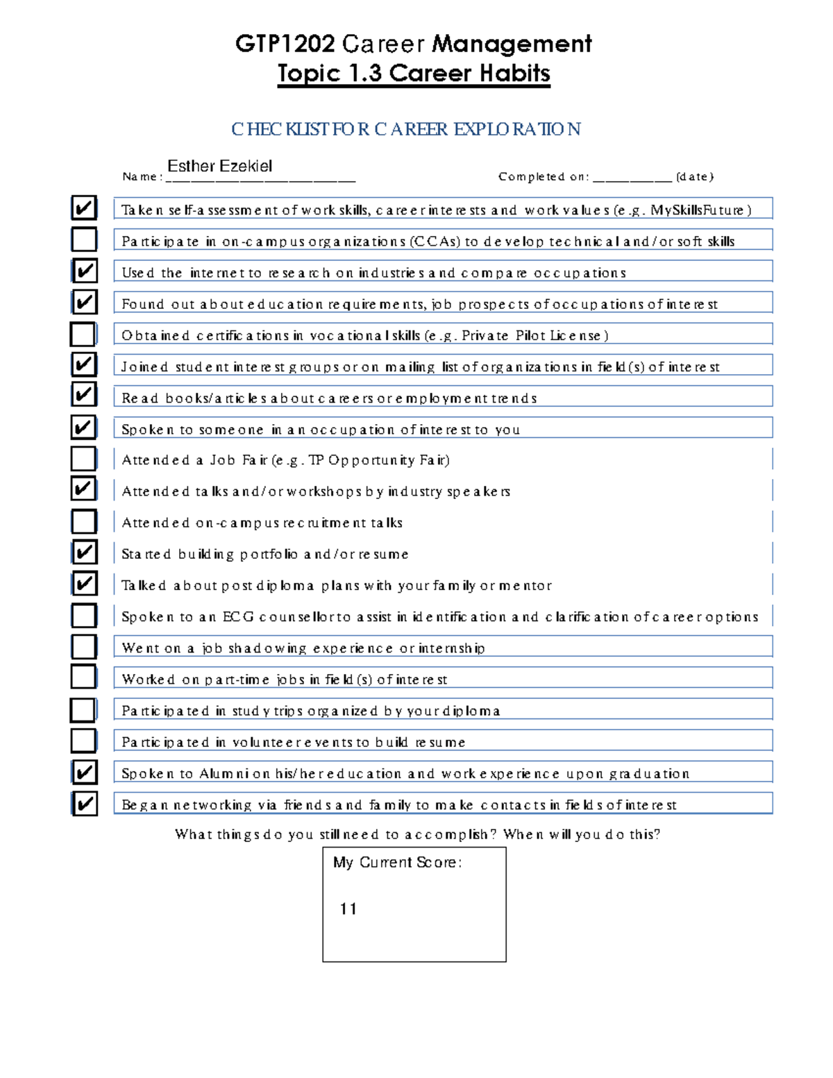 GTP1202 - CAMA Topic 1.3 Career Exploration Checklist - Studocu