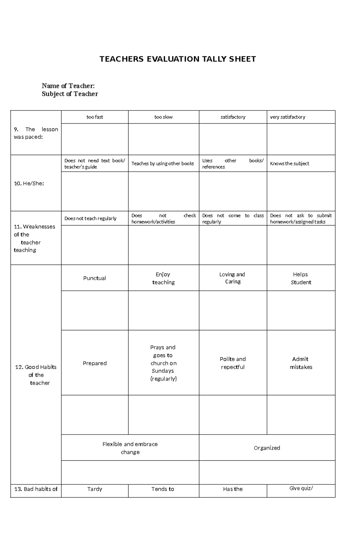 Teachers Evaluation Tally Sheet for Performance Assessment - Studocu