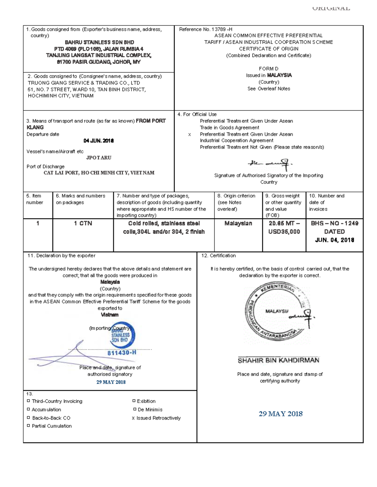 ASEAN CO Form D: Certificate of Origin for Goods Exported to Vietnam ...