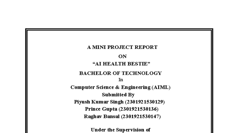 Mini Project Report on Health: AI Health Bestie (CSE-AIML) - Studocu