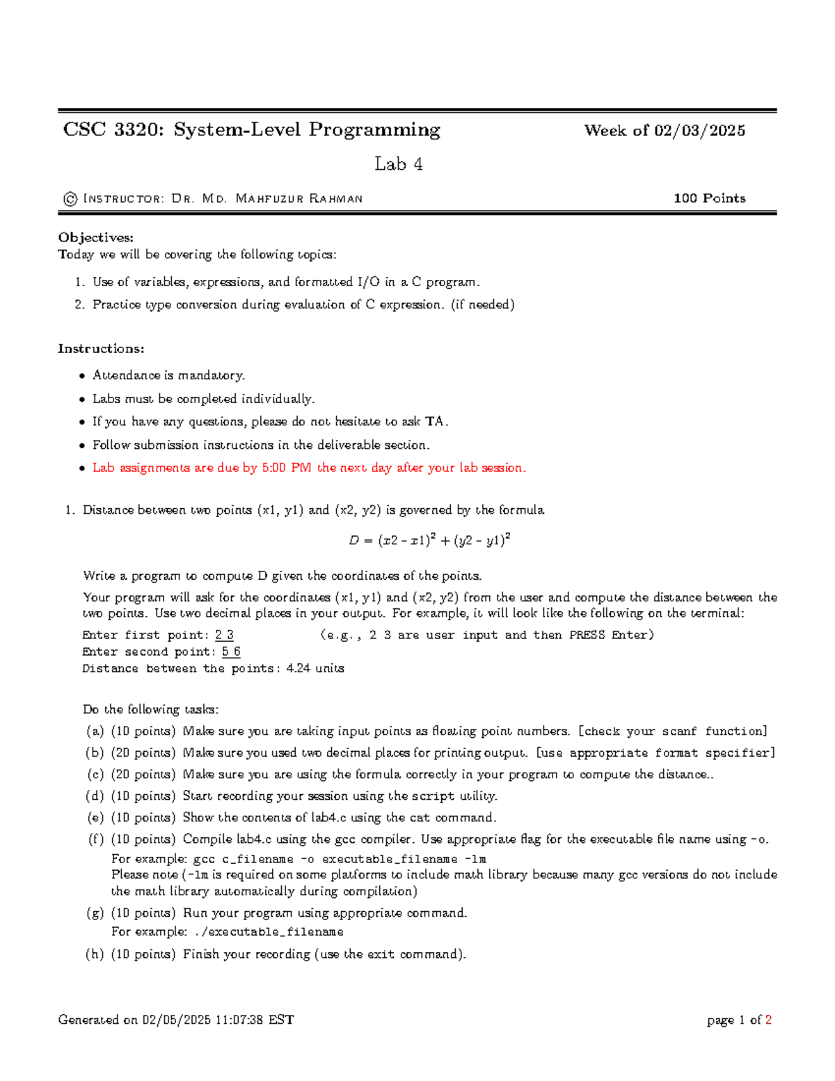 CSC 3320 Lab 04 - CSC 3320: System-Level Programming Week of 02/03/ Lab 4 © Instructor: Dr. Md ...