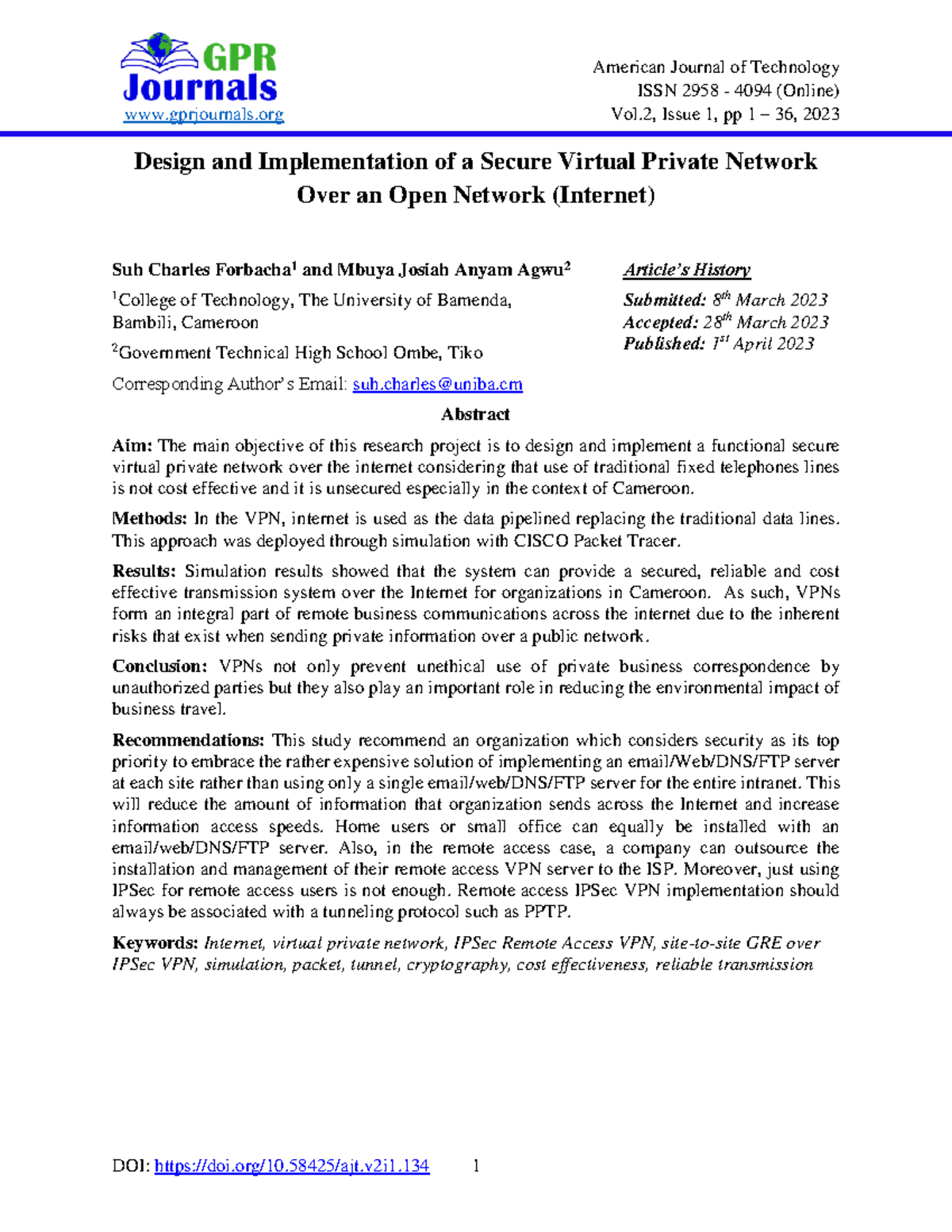 Design and Implementation of a Secure VPN Over Internet (TECH 2023 ...