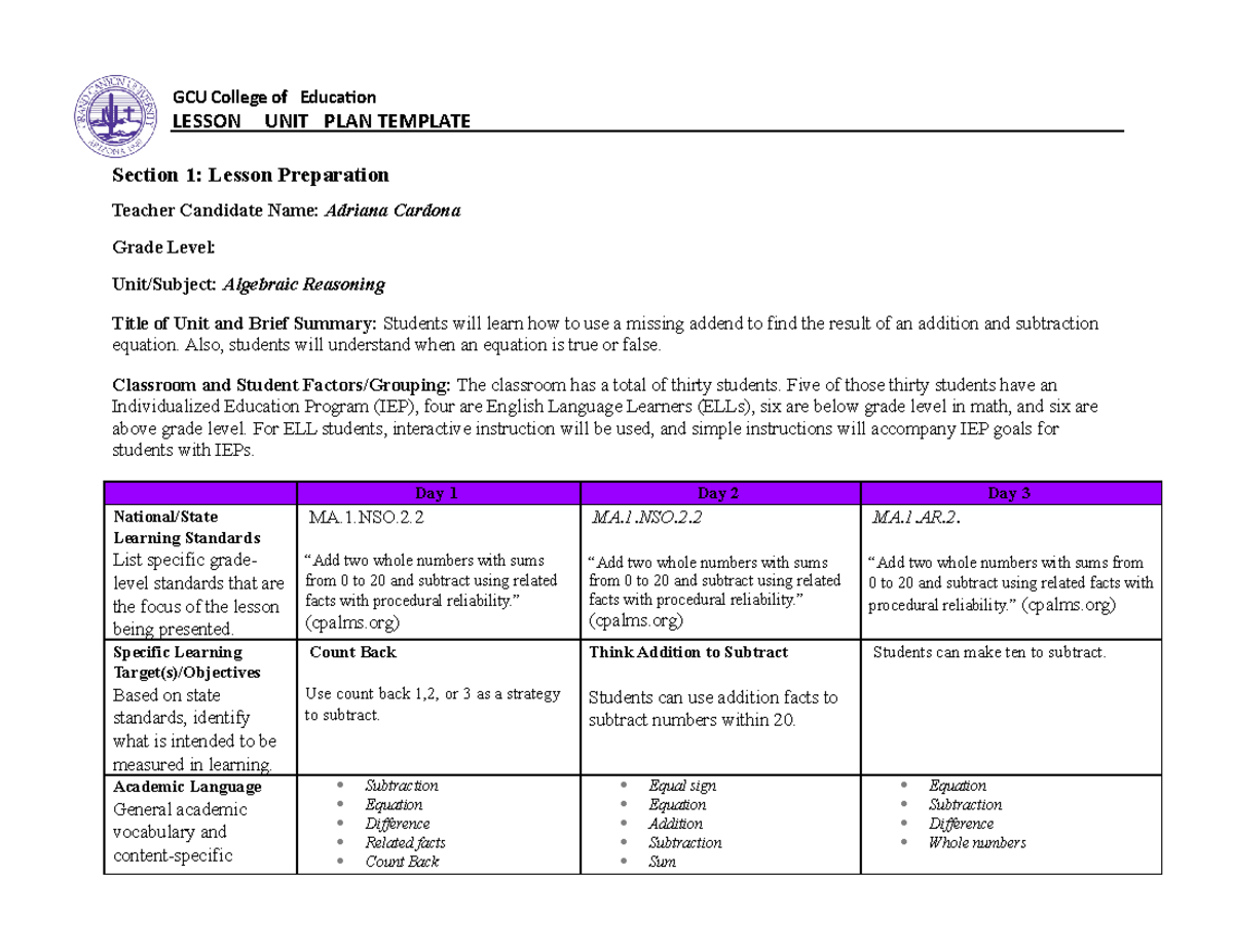 ELM-470 3-day unit plan template - Section 1: Lesson Preparation ...
