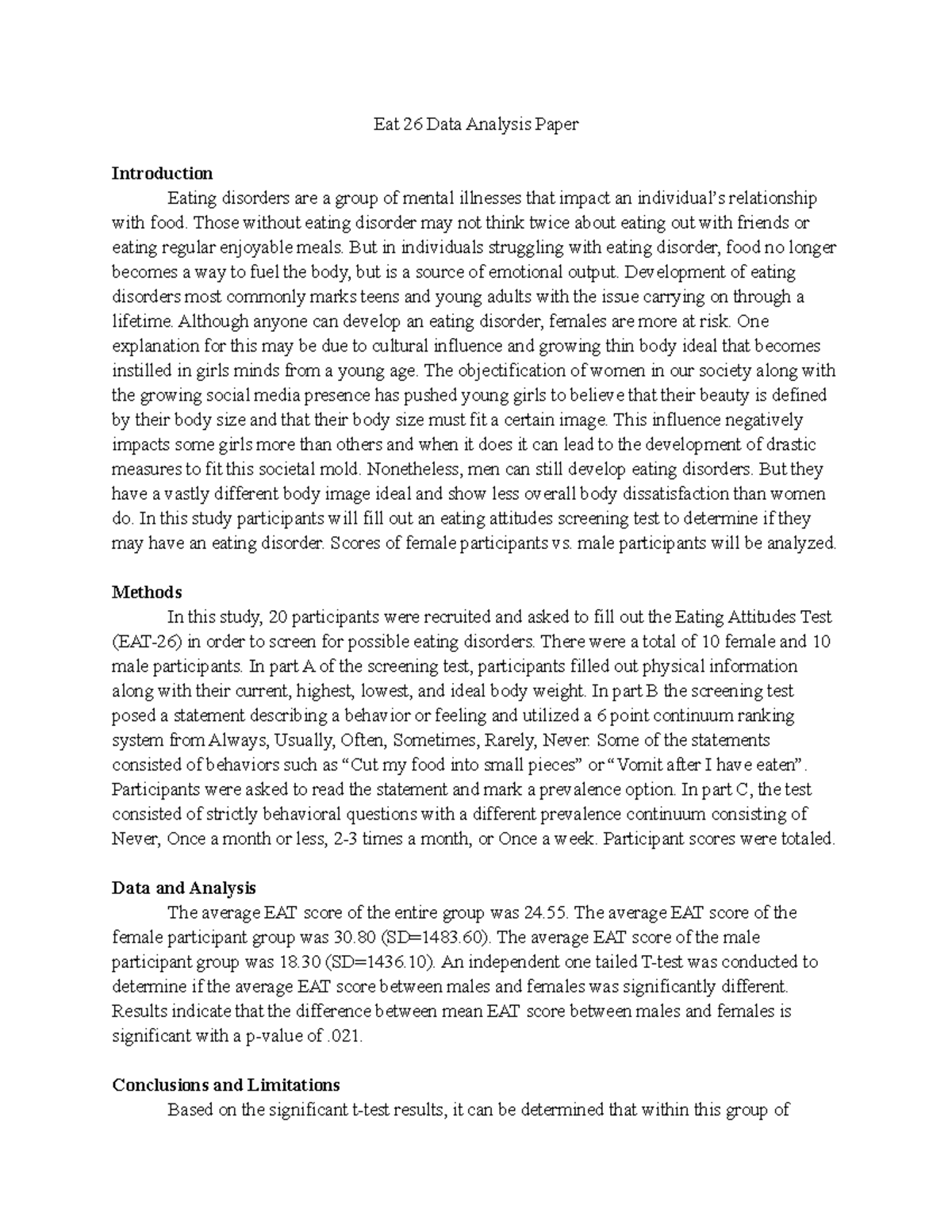 ED Analysis Paper - Neimeyer - Eat 26 Data Analysis Paper Introduction Eating disorders are a ...
