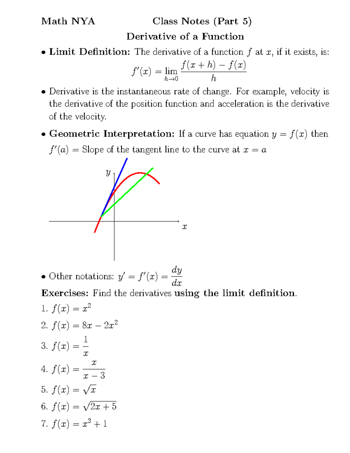 Math NYA Class Notes: Derivatives & Limit Definition (Part 5) - Studocu