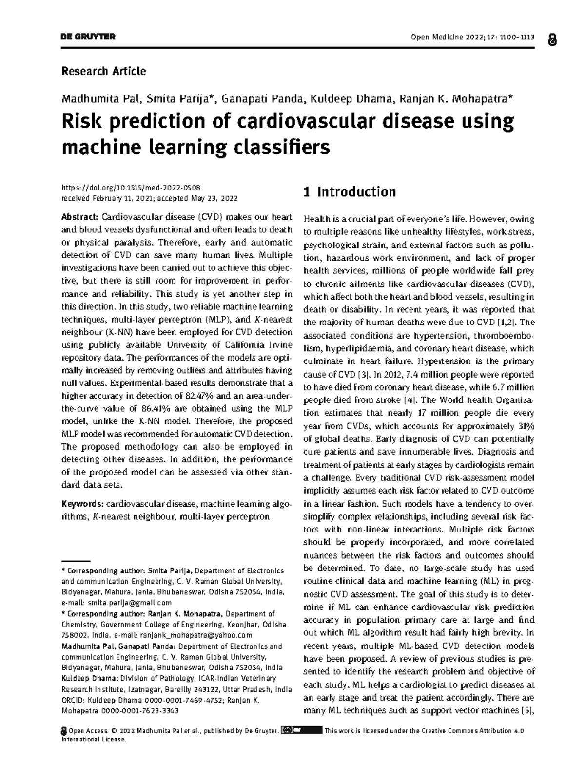 Risk Prediction of Cardiovascular Disease Using ML Classifiers (Open ...