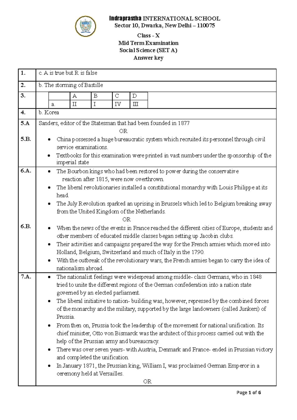 Class X Social Science Mid Term Exam (SET A) Answer Key - Studocu