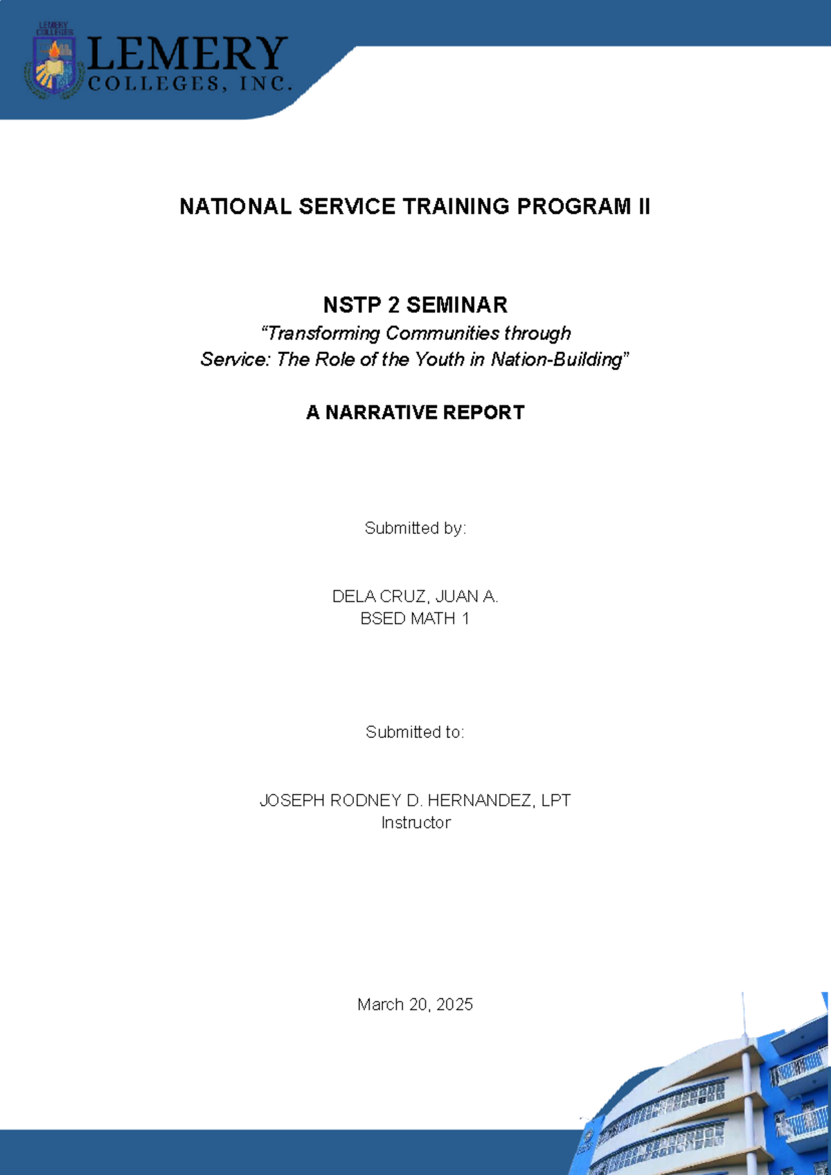 NSTP 2 Seminar Narrative Report: Youth's Role in Community Service ...