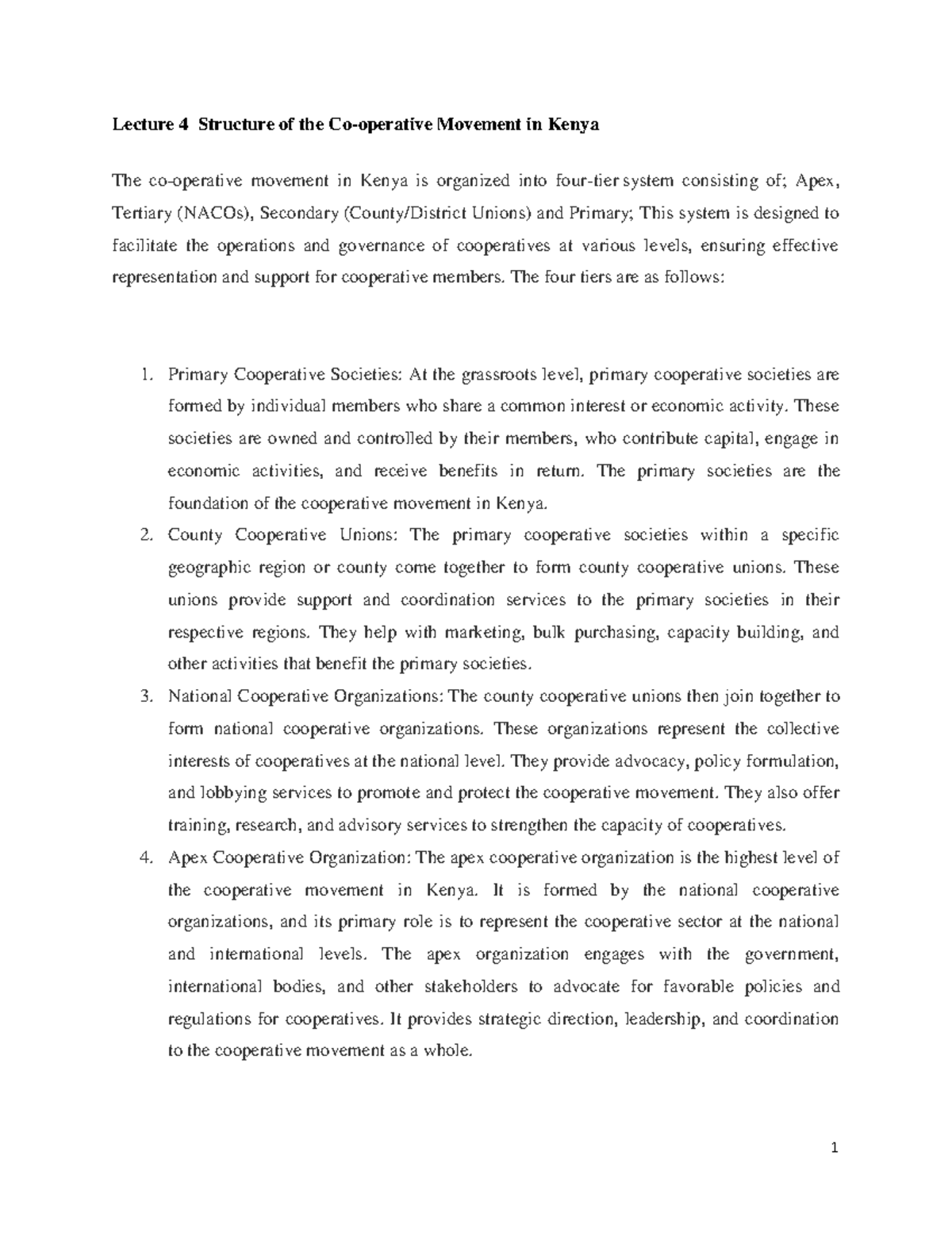 Lecture 4: Structure of the Co-operative Movement in Kenya - Studocu