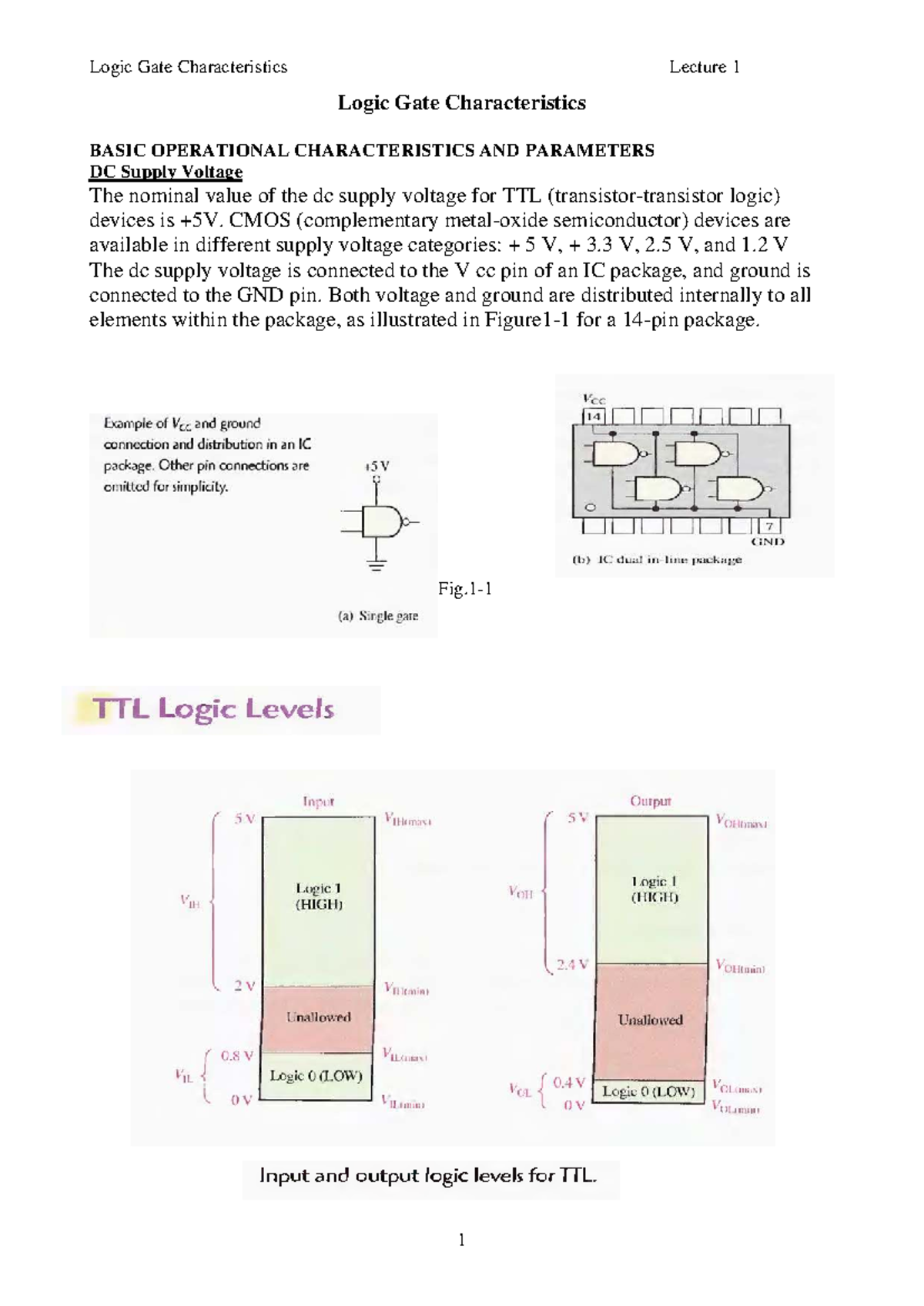 Logic Gate Characteristics Lecture 1: Key Parameters and Operations ...