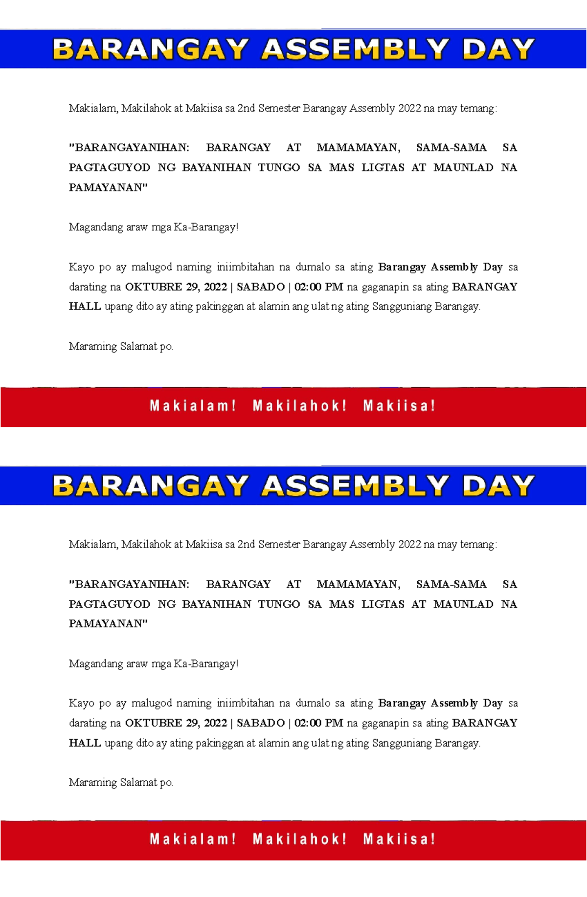 Imbitasyon sa 2nd Semester Barangay Assembly 2022: Tema ng Bayanihan - Studocu